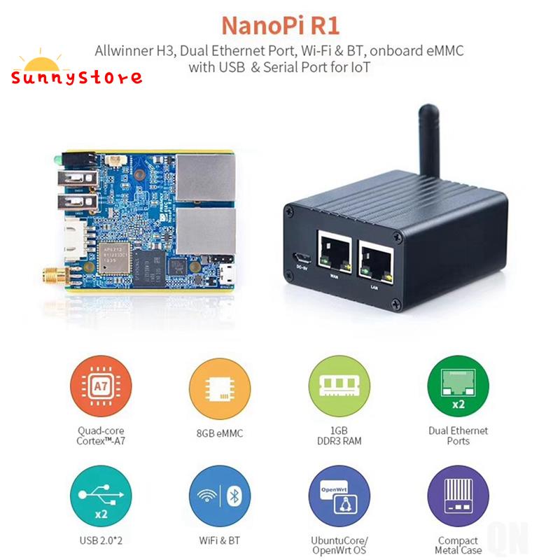 For NanoPi R1 Allwinner H3 Quad-Core 4XCortex-A7 1GB RAM+8GB EMMC Dual Network Port IOT Router ...