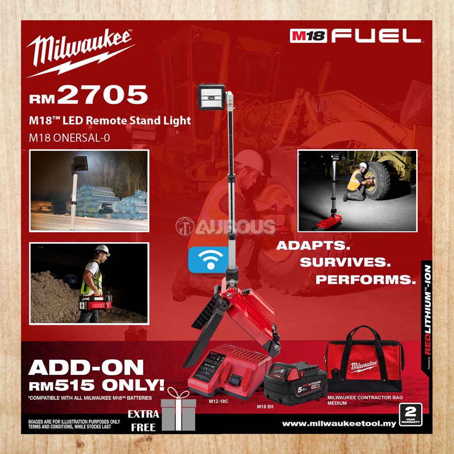 MILWAUKEE M18 LED REMOTE STAND LIGHT (M18 ONERSAL-0 / M18 ONERSAL-501B ...