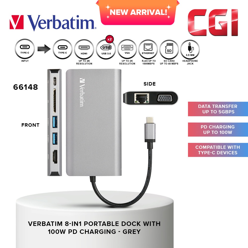Verbatim 66148 8-in1 Type-C Portable Dock with 100W PD Charging - Grey ...