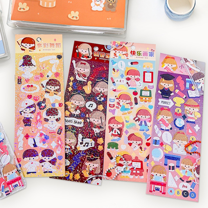 Cute Cartoon Campus Scene Series Glittering Stickers Student Photo Card ...