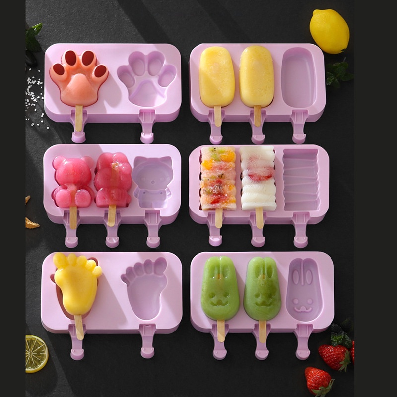 Silicone Popsicle Mould with Lid Ice Cream Molds Popsicles Mold with 3 ...