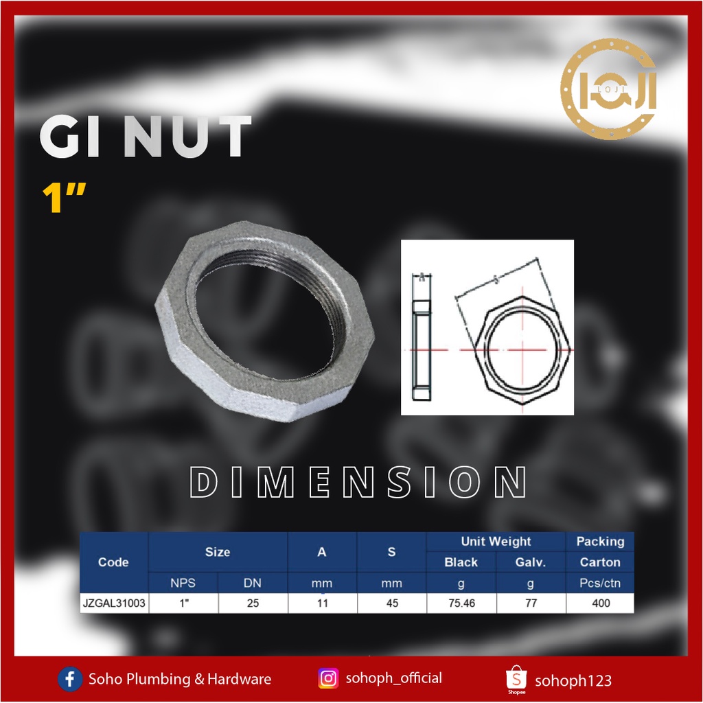 LOJI Gi Nut GI Flange Iron Besi Pipe Fitting lock nut Socket plug endcap nipple valve flange tee ...