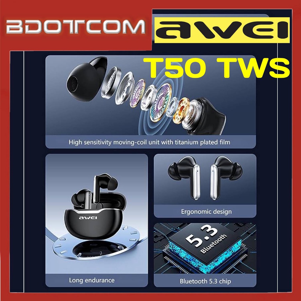 AWEI T50 TWS Wireless Bluetooth Earbuds Noise Cancelling Earbuds Waterproof Gaming Earbuds ...