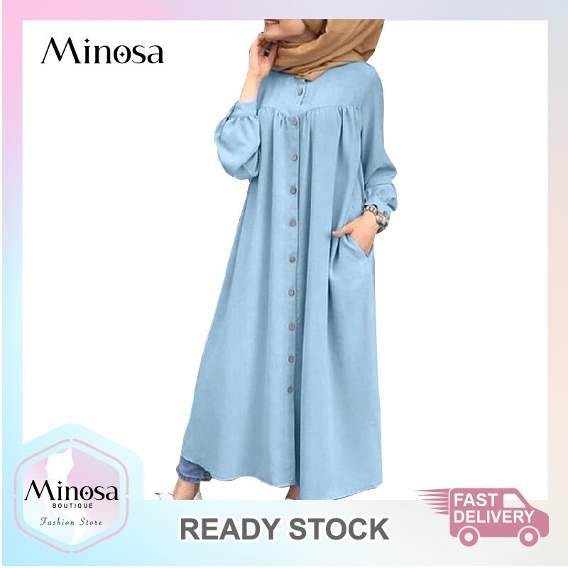 MINOSA Muslim Maxi Dress Casual Plain Basic Long Lantern Sleeve Button ...