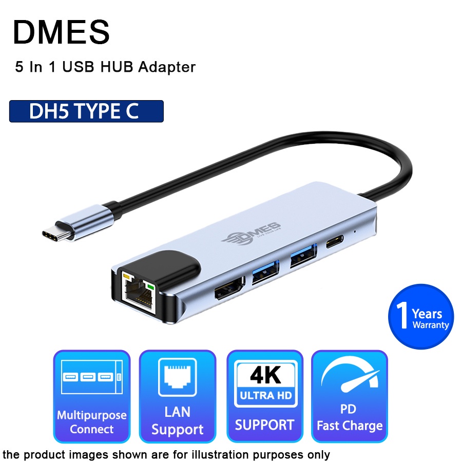 DMES DH5 5 In 1 USB Type C to HDMI 4K + USB 3.0 + PD + LAN Hub Adapter | Shopee Malaysia