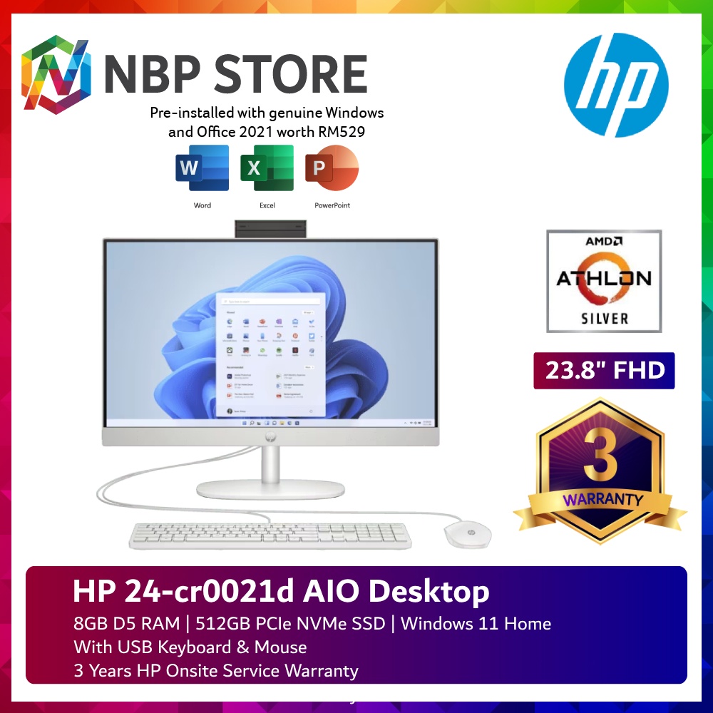 HP 24-Cr0021d 23.8" FHD All-In-One Desktop PC Shell White ( Athlon ...
