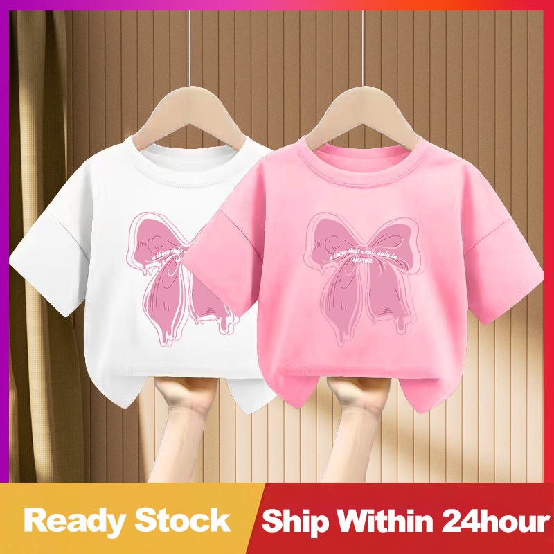 100% Cotton Korean Tshirt Kids 2-15Y Sweet Bow Printing Summer Short ...