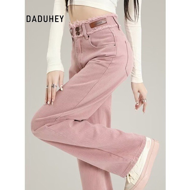 2023 New Korean Style Ins Pink Womens Jeans High Waist Loose Wide Leg
