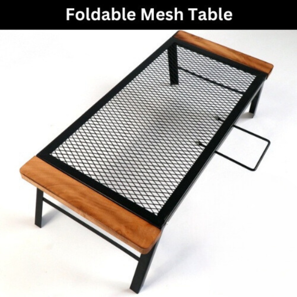 Camping Wood Iron Mesh Table Foldable Table BBQ Grill Outdoor Meja ...