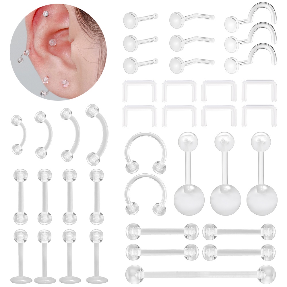 1-5Pcs Clear Acrylic Nose Septum Piercing Invisible Lip Stud Navel Ring ...