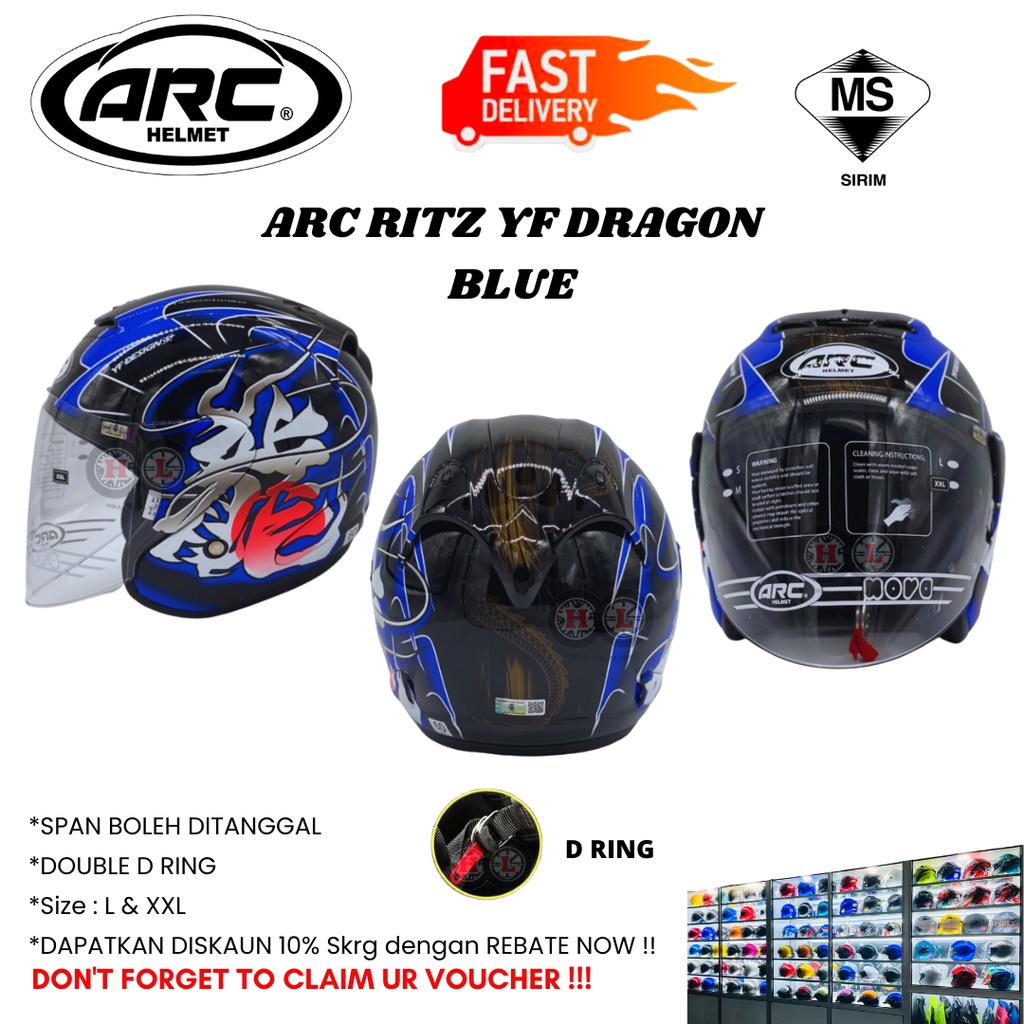 ARC RITZ YF DRAGON BLUE / RED / NAGAMAS / NAGA VISTA OPEN FACE HELMET ...