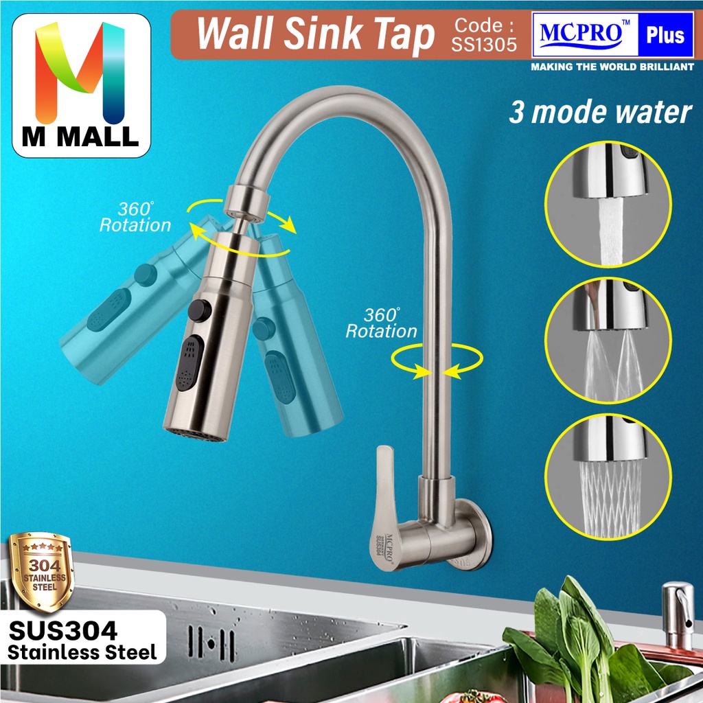 MCPRO SUS304 Stainless Steel WALL SINK TAP Kitchen Faucet with 3 MODE ...