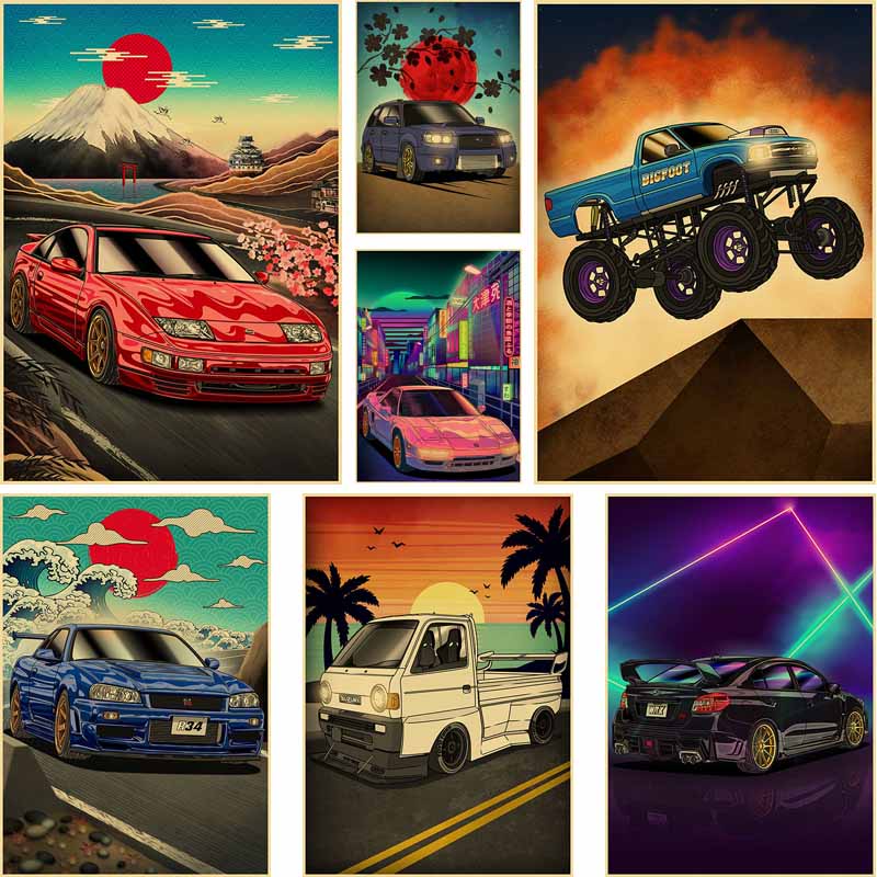 Street Car Racing GTR SUV 80S Posters Retro Kraft Paper Decoration Wall ...