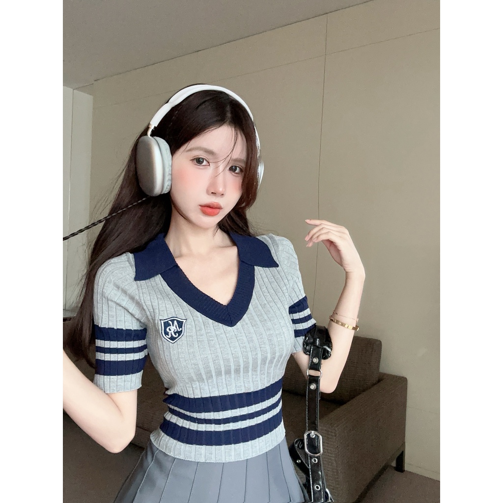 3209 Sweet Hot Girl Short Knitted Polo Shirt Top Chic Design Niche