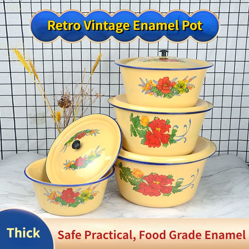 Vintage Enamel Basin with Lid Stockpot Pot Enamel Dumpling Filling ...