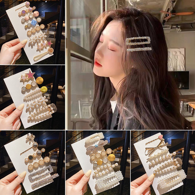Cute Pearl Hairpin Set Korean Fashion Rhinestone Hairpin Side Bangs ...