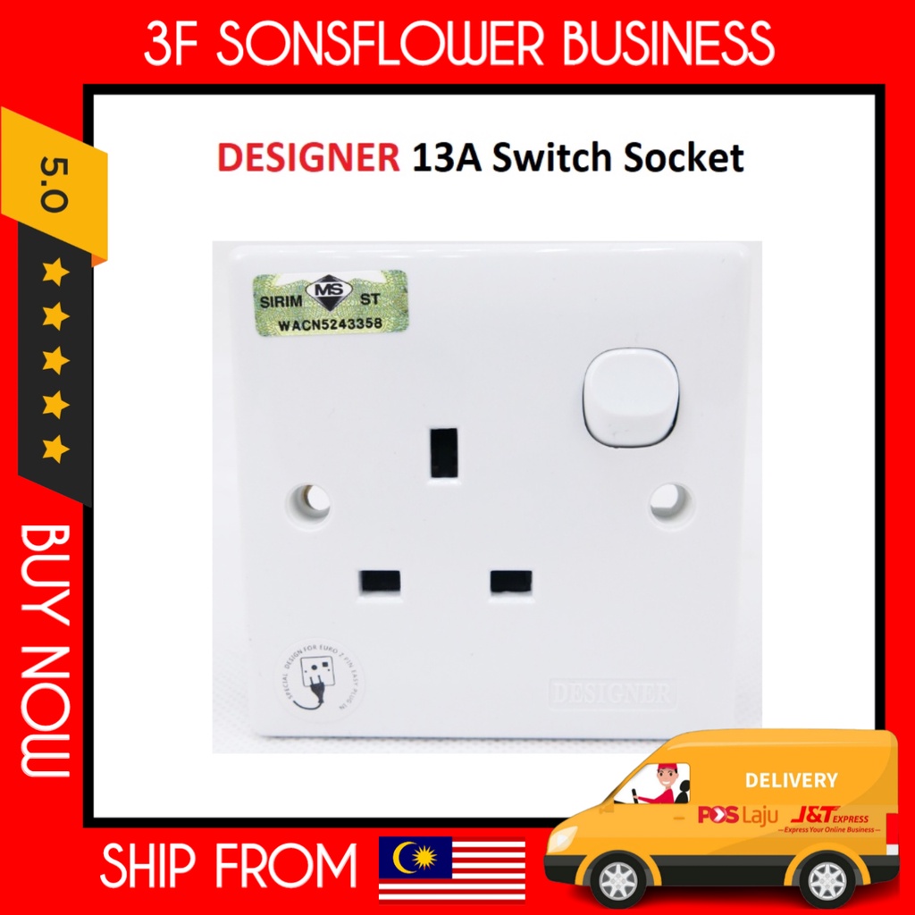 DESIGNER 13A 1 GANG SWITCH SOCKET [SIRIM APPROVAL] WHITE | Shopee Malaysia