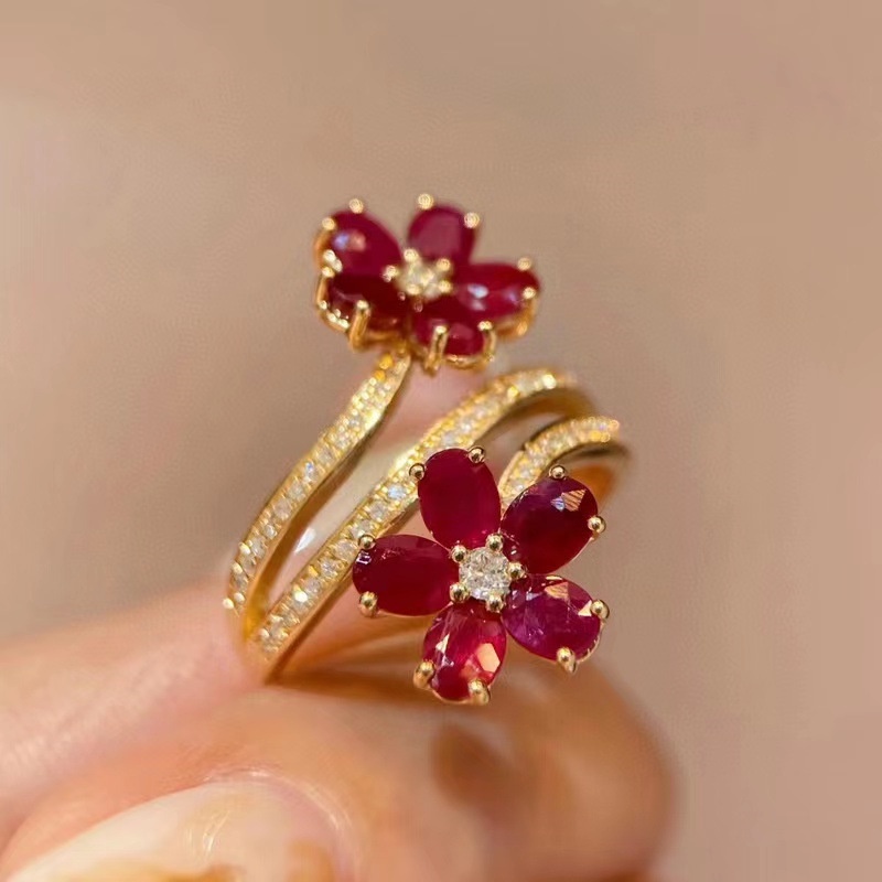 Flower Ruby Ring Female Inlaid Full Diamond Open Index Finger Ring ...