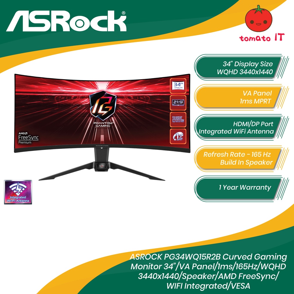 ASROCK PG34WQ15R2B Curved Gaming Monitor 34”/VA Panel/1ms/165Hz/WQHD ...
