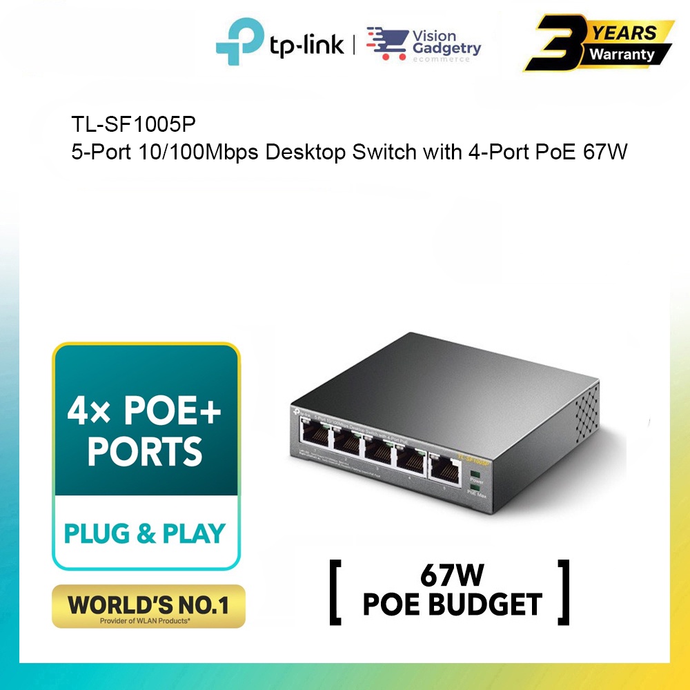 TP-Link TL-SF1005P 5-Port 10/100Mbps Desktop Switch with 4-Port PoE 58W ...