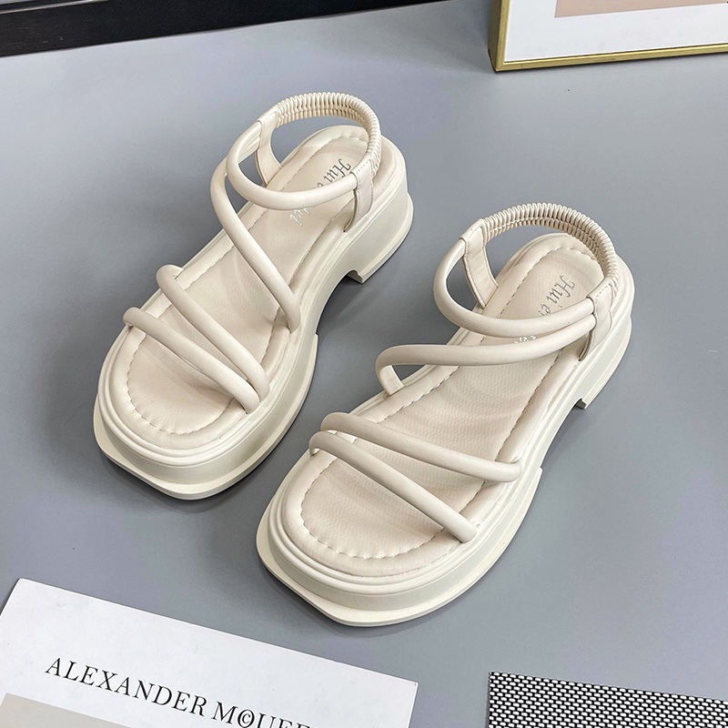 Women Flat Sandals Round Toe Cross Strap Simple Design Comfortable Fashionable Casual Platform ...
