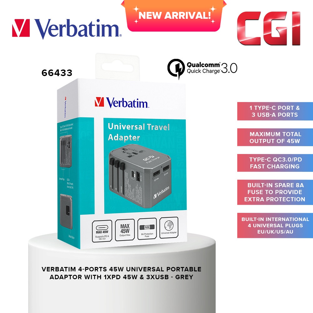Verbatim 66433 4-Ports 45W PD & QC Universal Portable Travel Adapter ...