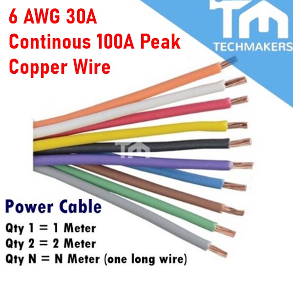 Wire 1 to 100 Meter 6AWG 100A 100% Copper Multi-Stranded Hook Hookup ...