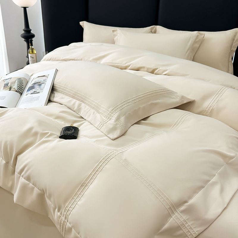 4 IN 1 Washed Cotton Plain Bedding Set Wide Edge Bed Sheet Set Skin ...