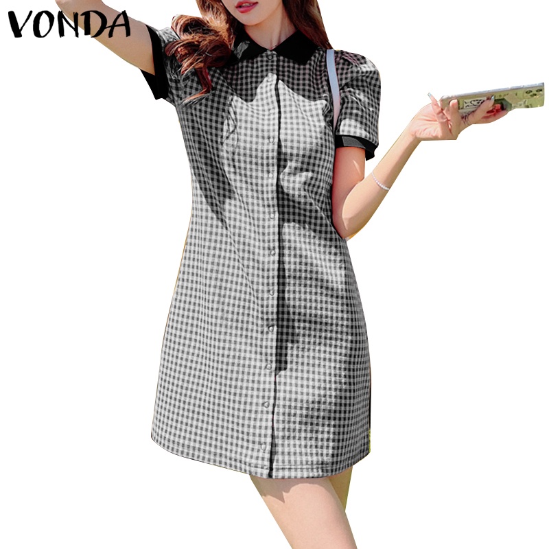 VONDA Women Korean Casual Lapel Short Sleeve Plaid H-Type Solid Dress ... VONDA Women Korean Casual Lapel Short Sleeve Plaid H-Type Solid Dress ...