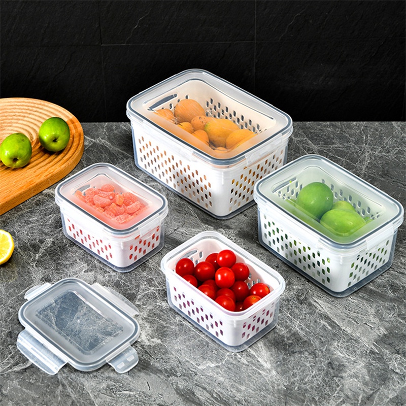 Double Layer Food Storage Container with Drain Basket Kitchen Plastic ...