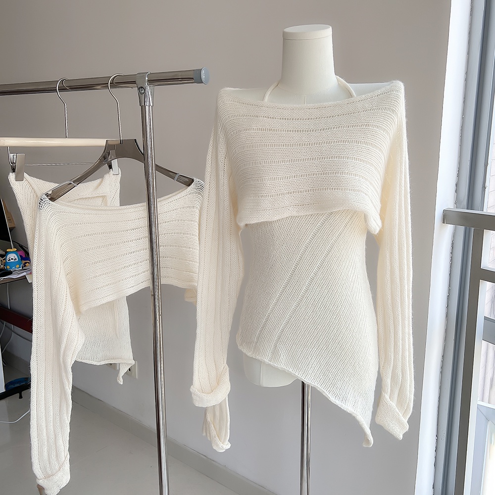 Hot Girl Lazy Halter Neck Layered Hollow Slim Fit Long Sleeved Sweater