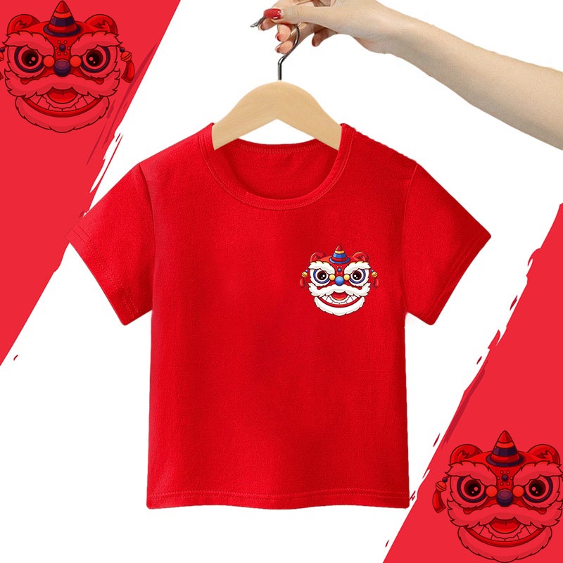 Fashion New Year 舞狮 Kids CNY Tshirt Short Sleeve Boys Girls Tees Tops ...