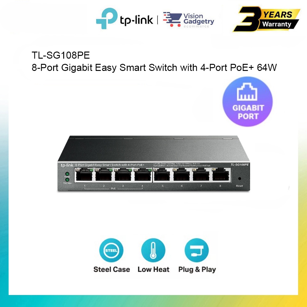 TP-Link TL-SG108PE 8-Port Gigabit Easy Smart Switch with 4-Port PoE+ ...