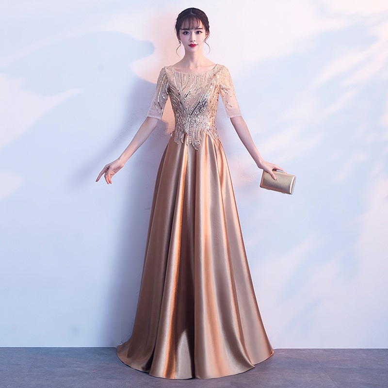 Champagne Golden Evening Dress for Women Temperament Short Sleeve Round ...