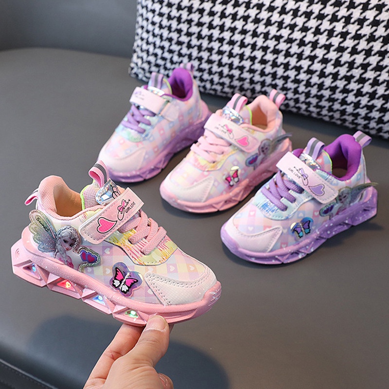LED Lightweight Sneakers Girls Frozen Elsa Breathable Kids Lighted ...