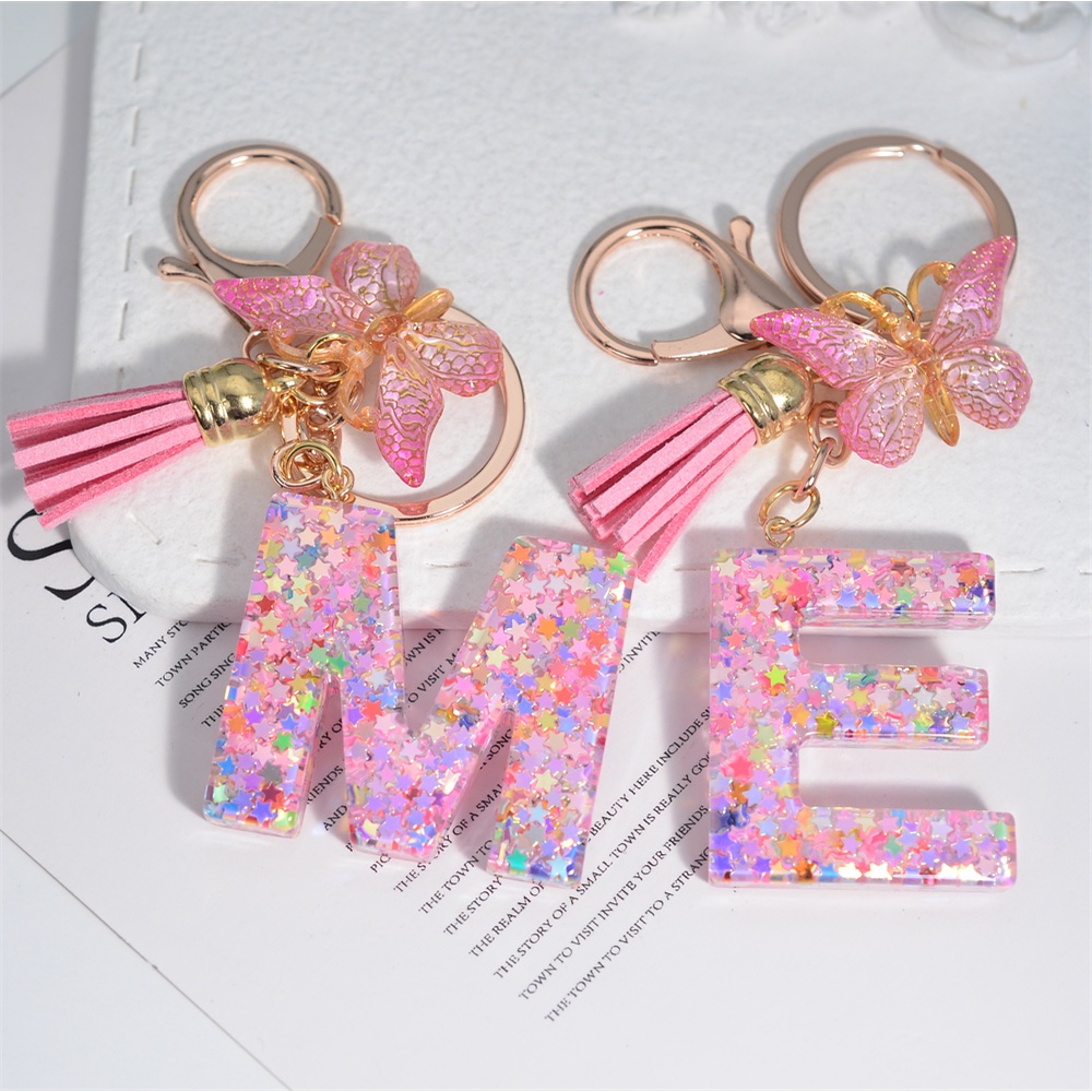 Fashion Pink Tassel 26Letters Butterfly Keychain Multi-Color Star ...