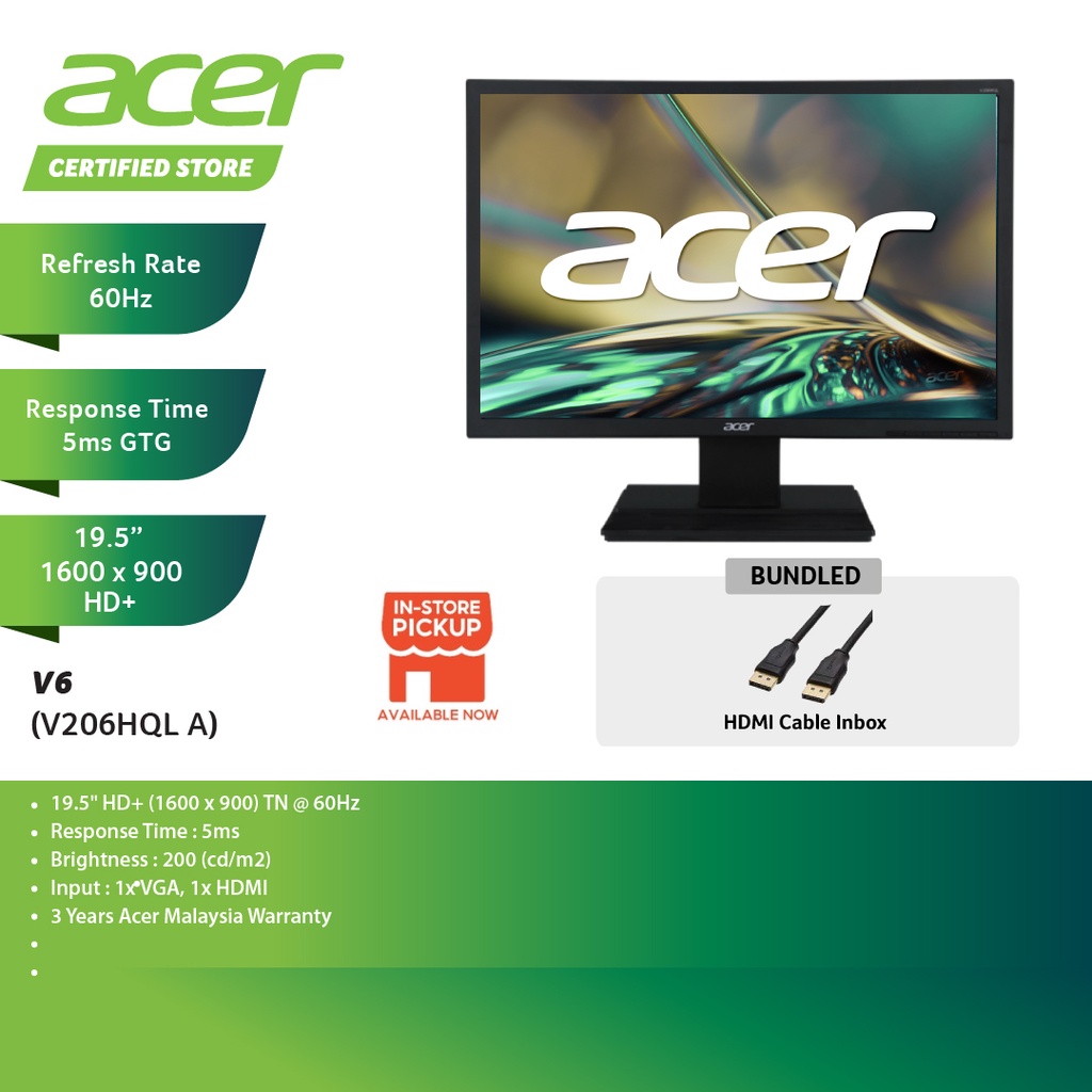 Acer V206HQL A 19.5" HD+ LED Backlit Monitor Black ( HDMI, VGA, 3 Yrs ...