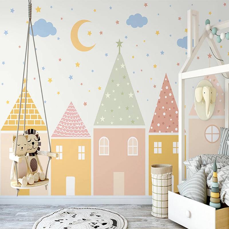Hand Painted Cartoon Colorful House Wallpapers for Children's Bedroom ...