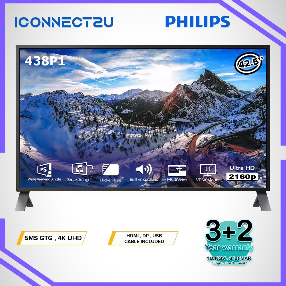 Philips 42.5" 438P1 5ms 4K Ultra HD LCD display with MultiView Monitor ...