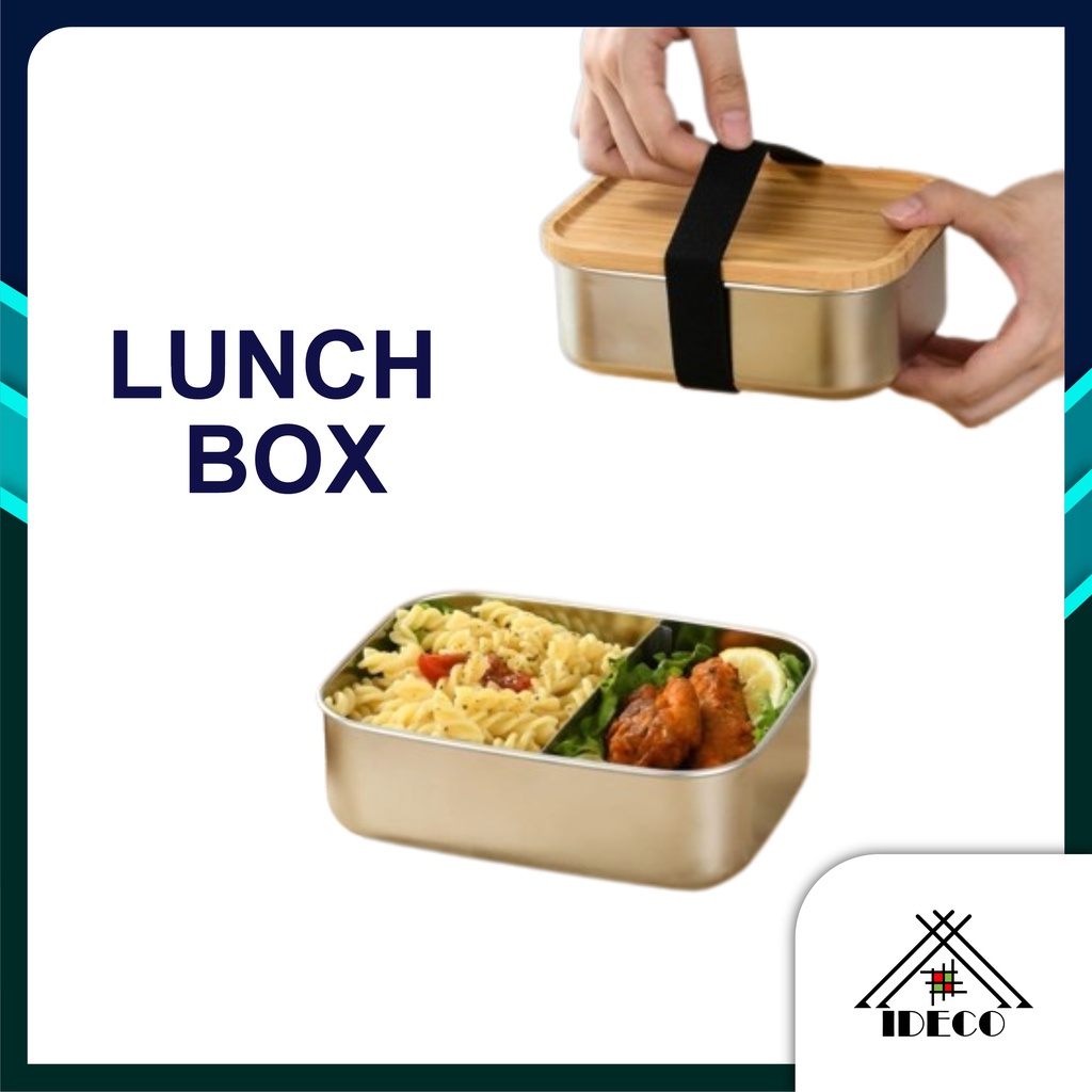 IDECO Muji style bamboo wood cover stainless steel square student lunch ...