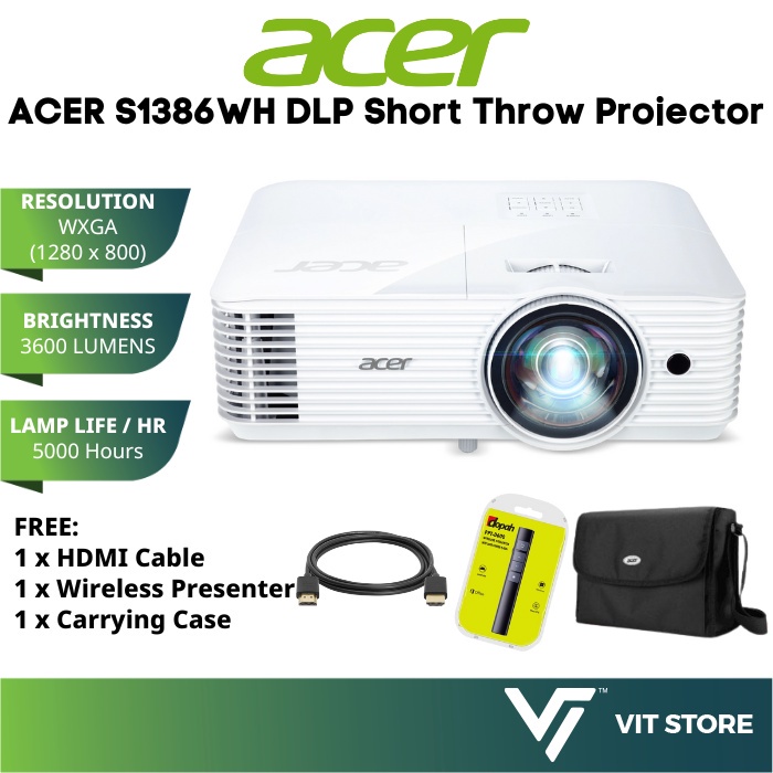 Acer S1386WH Short Throw DLP Projector WXGA 3600 Lumens office use with ...