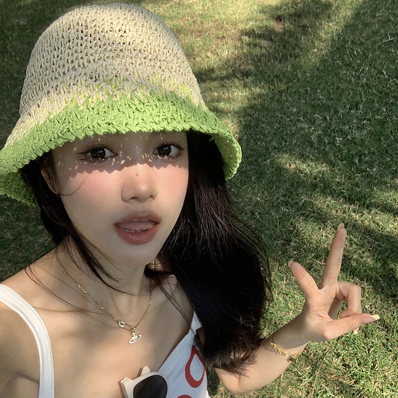 Japanese Straw Hat Gradient Female Summer Travel Sunscreen Sunshade Beach Bucket Hat Color ...
