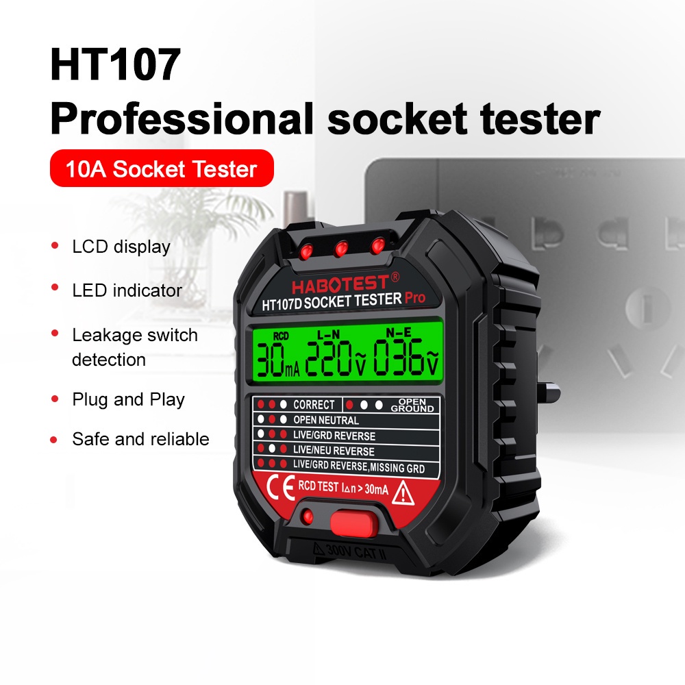 HABOTEST HT107 GFCI Socket Tester Electric Leakage Finder With Voltage ...