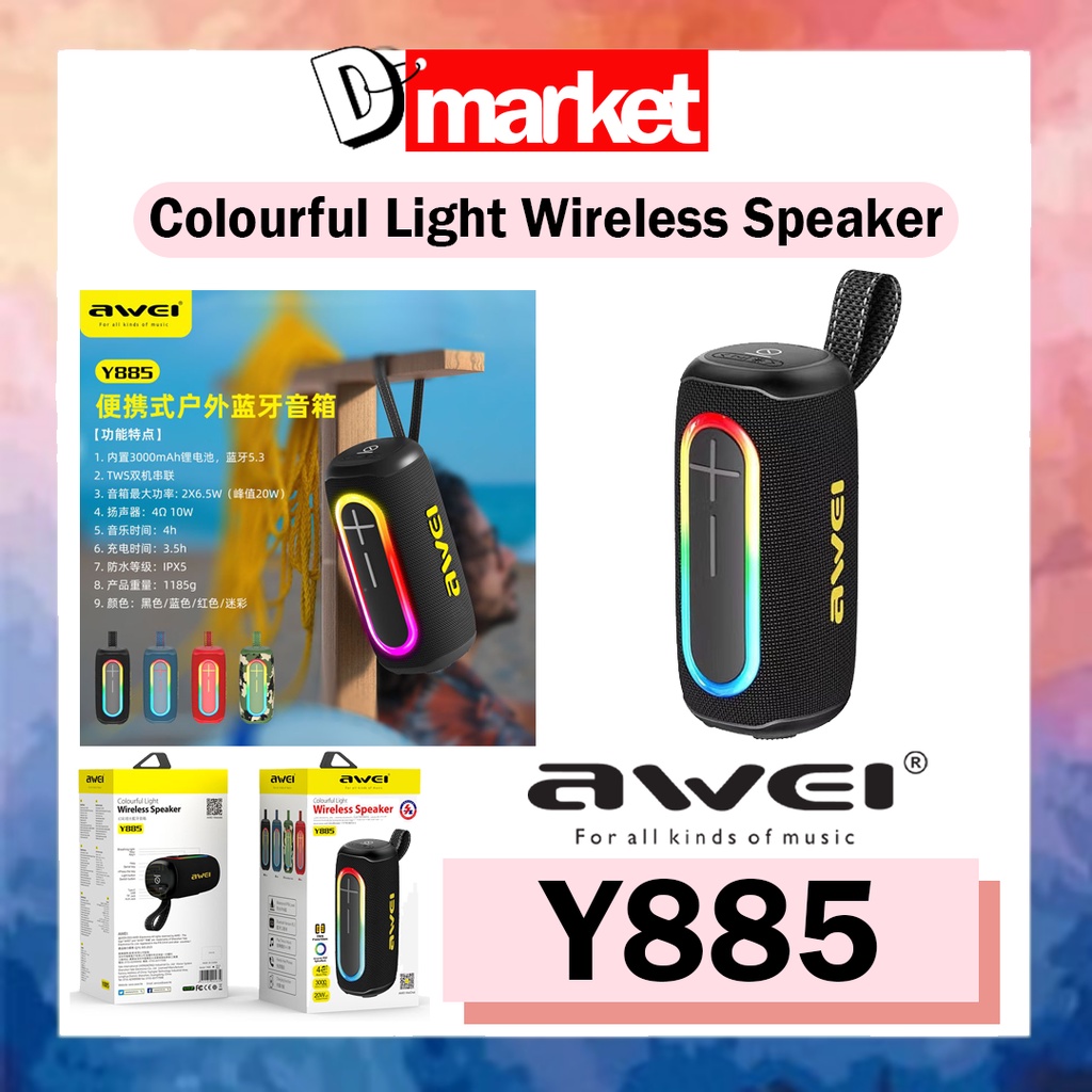 Awei Y885 RGB Wireless Speaker IPX6 Portable Colourful Light Bluetooth ...