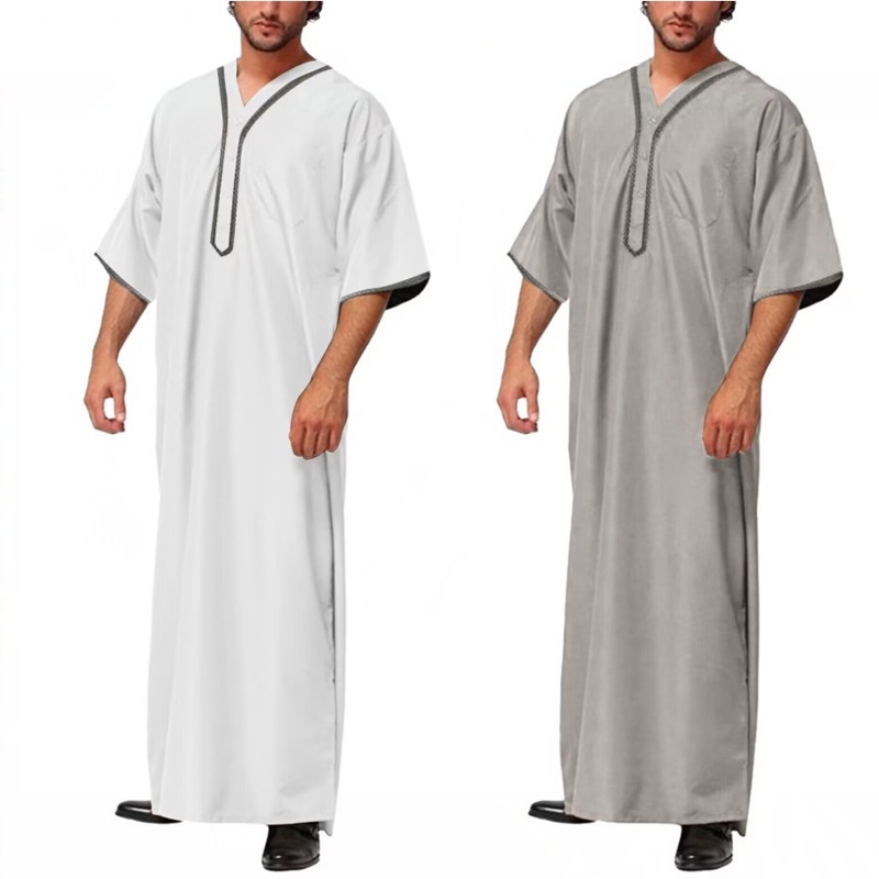Men's Jubba Thobe Short Sleeve Muslim Islamic Clothes Ramadan Mens ...