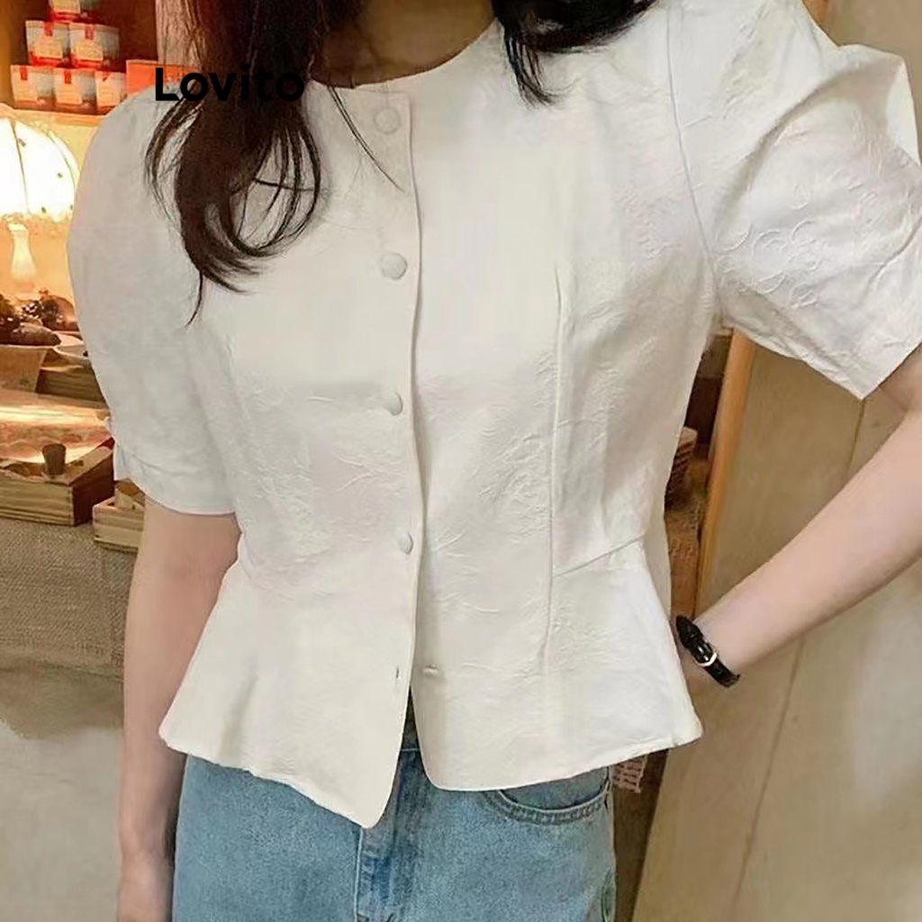 Lovito Elegant Plain Structure Line Puff Sleeve Blouse for Women ...