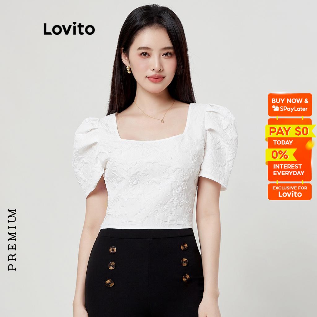 Lovito Elegant Plain Crisp Square Neck Women Blouse L33ED041 (White) Lovito Blus Wanita Leher ...