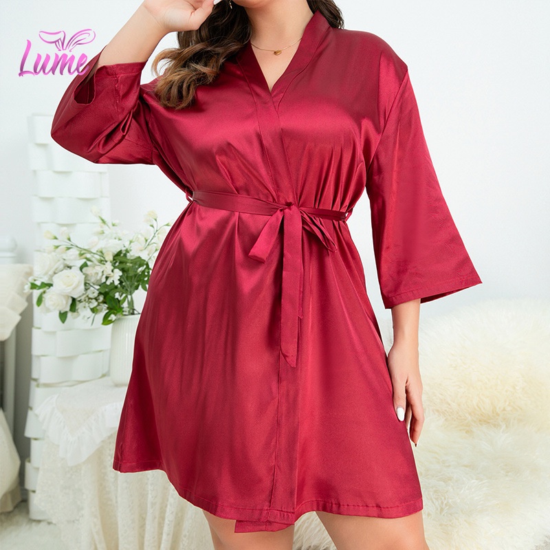 Plus Size 1X-5XL Women Pajamas Sexy Robe V Neck Robe Silk Satin Sleep ...