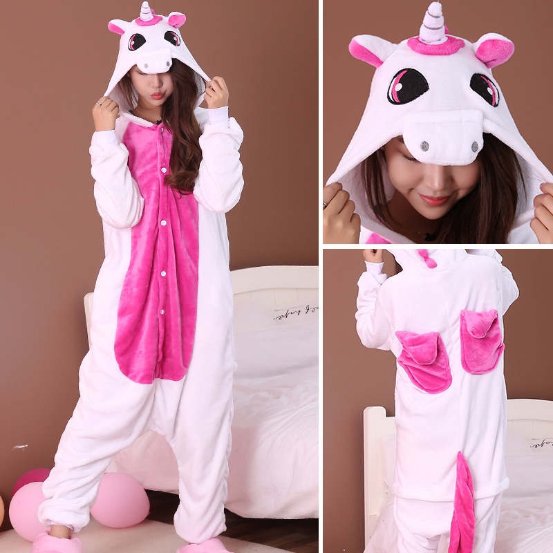 New Unisex Kigurumi Unicorn Stitch Panda Pikachu Totoro Tiger Cartoon Flannel Pajamas Hooded ...