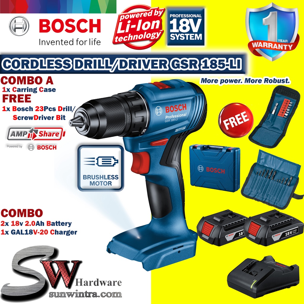 COMBO BOSCH GSR185-LI 18V CORDLESS DRILL/DRIVERS, **SOLO or BATTERY ...